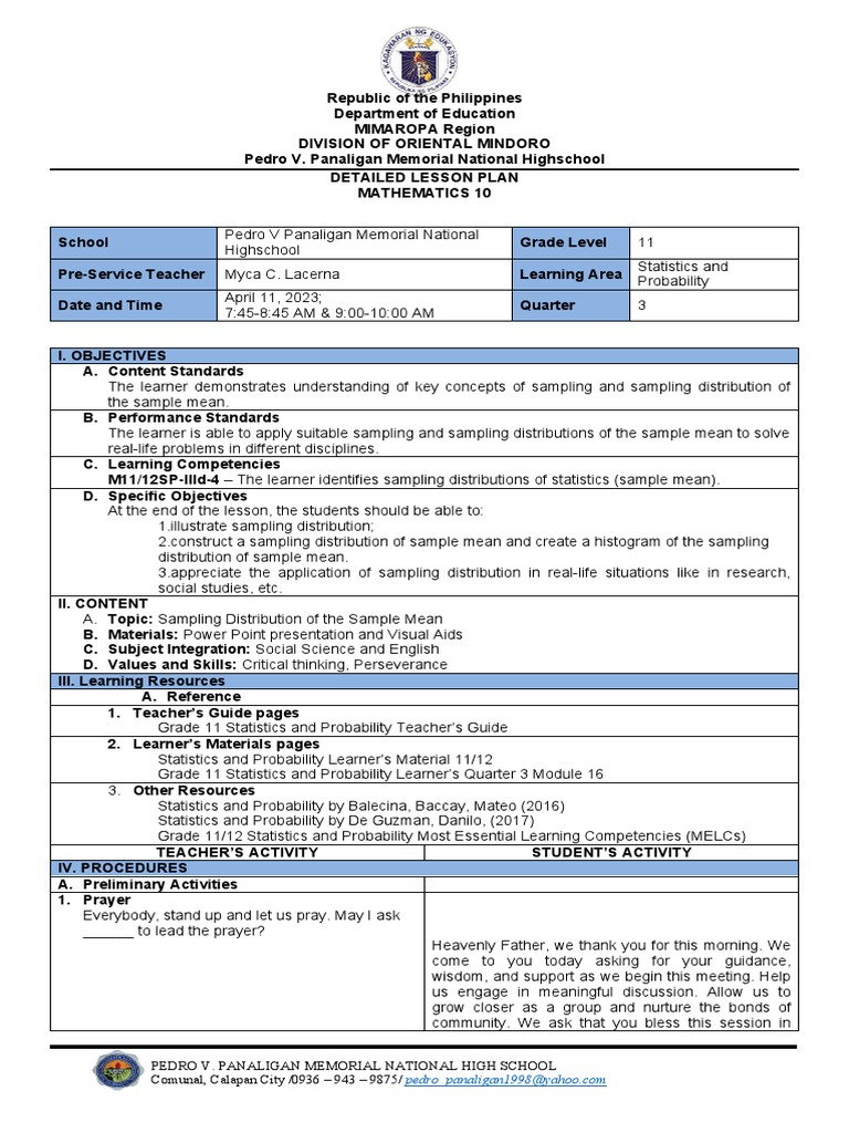 Lesson Plan Myca Lacerna April 11 | PDF | Learning | Statistics
