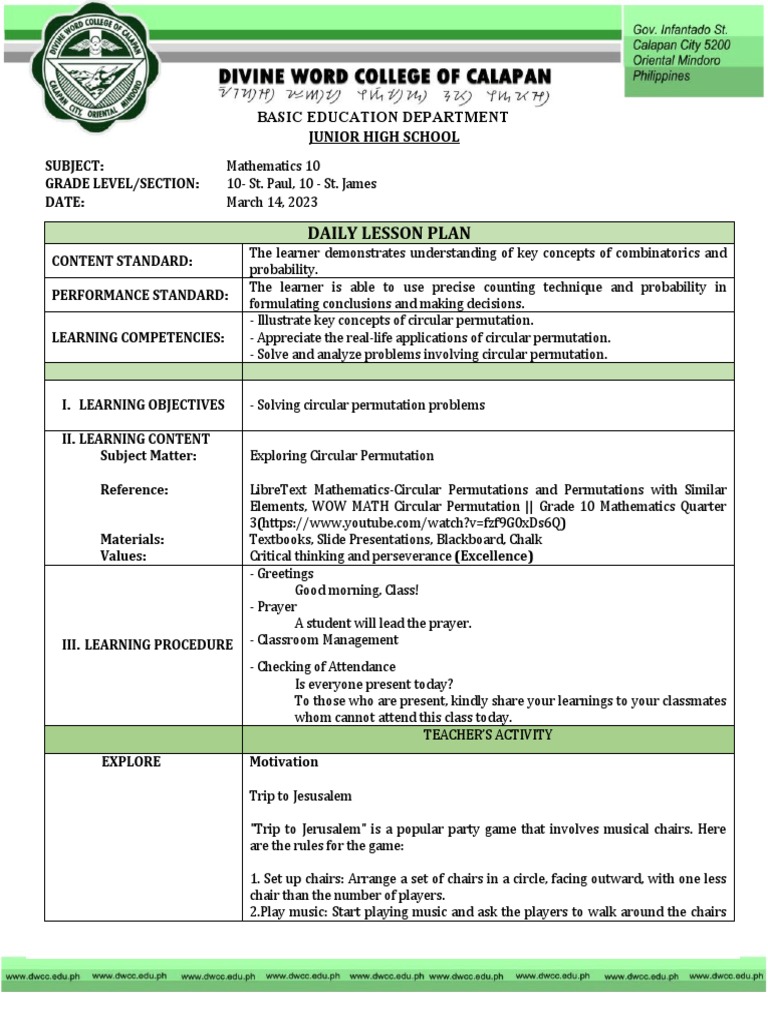 Daily Lesson Plan: Basic Education Department Junior High School | PDF