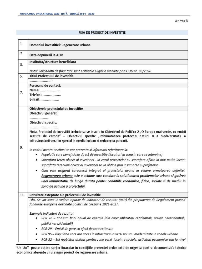 Anexa 8 - Fisa de Investitii Regenerare Urbana | PDF