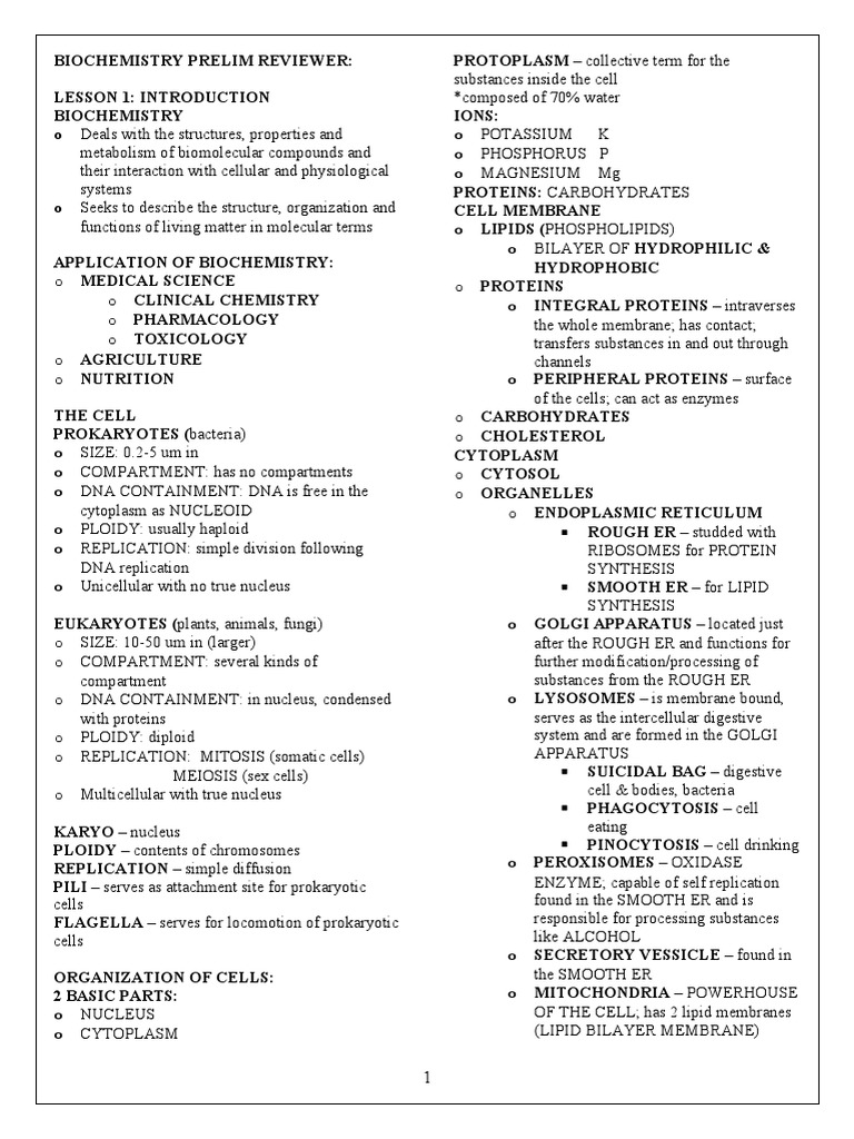 Biochemistry Prelim Reviewer | PDF | Amino Acid | Cell (Biology)