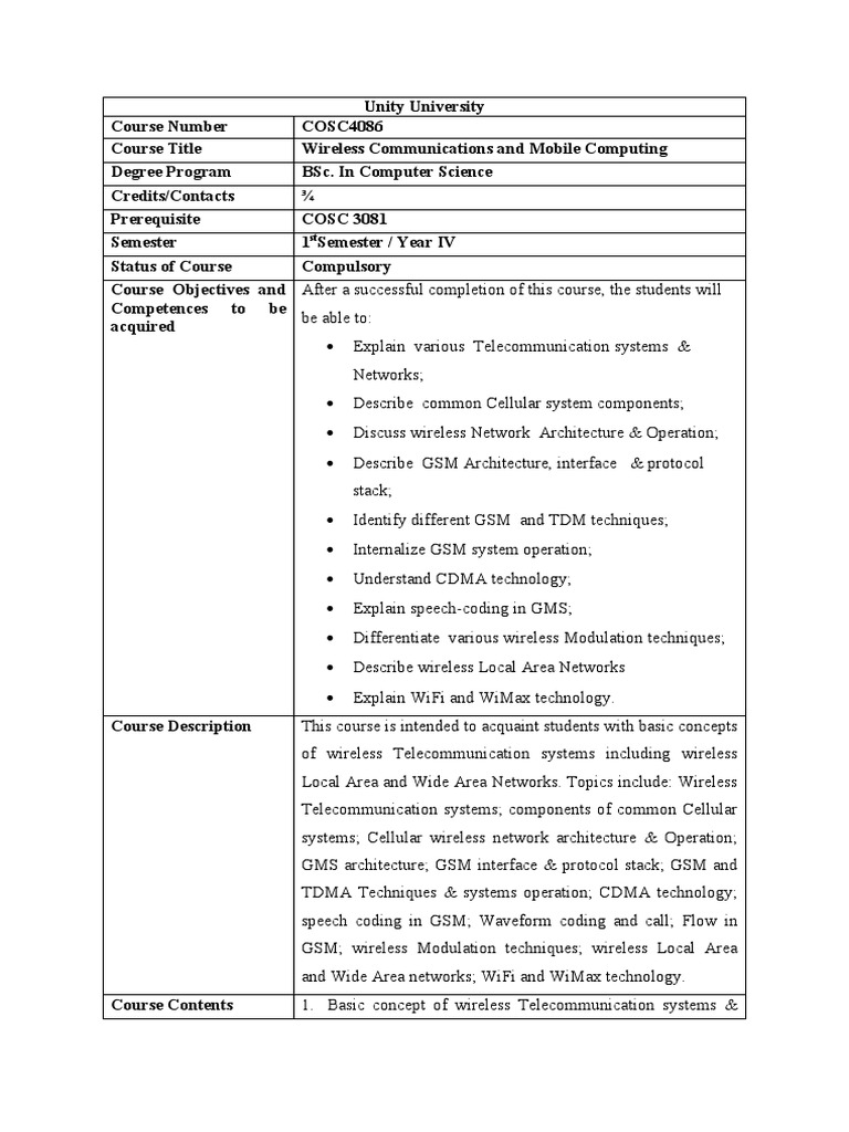 Cosc4086 (Courseoutline) - Wirless Comm and Mobile Computing | PDF | Gsm | Cellular Network