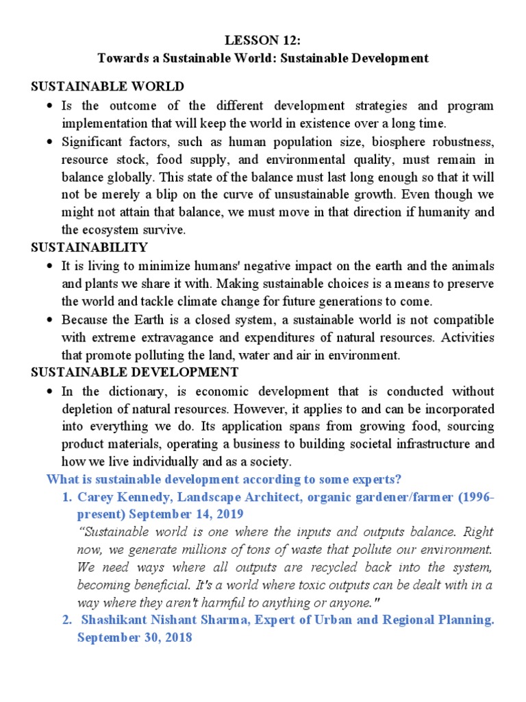 Lesson 12: Towards A Sustainable World: Sustainable Development ...