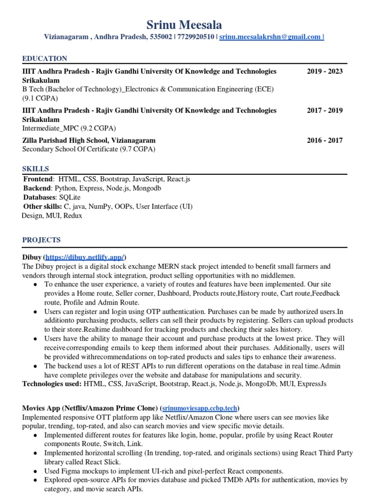 Srinu Meesala Resume - IIIT Andhra Pradesh ECE Graduate | PDF | Web Application | Java Script