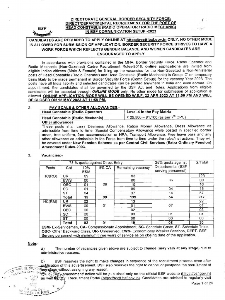 Group-C Head Constable (Radio Operator) and Head Constable (Radio ...