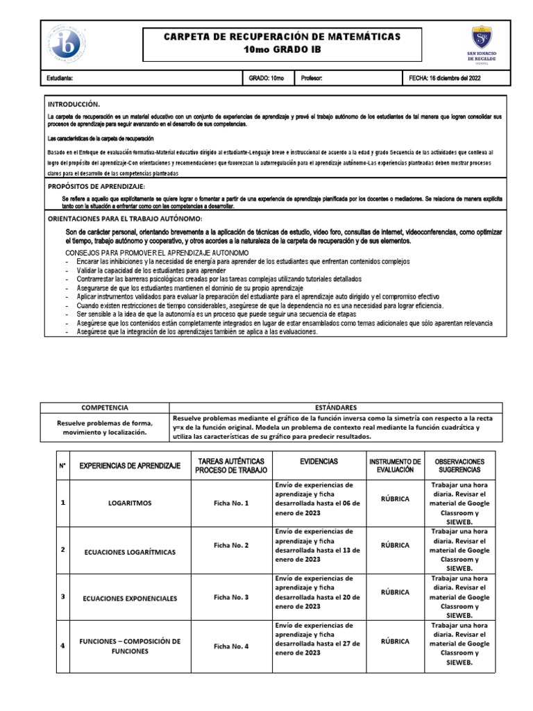 C3 - Carpeta de Recuperación IB 10mo Grado | PDF | Aprendizaje | Evaluación