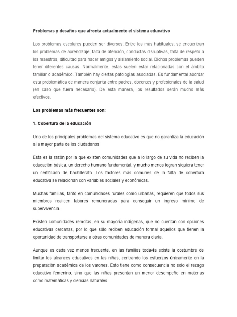 Problemas y Desafíos Que Afronta Actualmente El Sistema Educativo | PDF ...