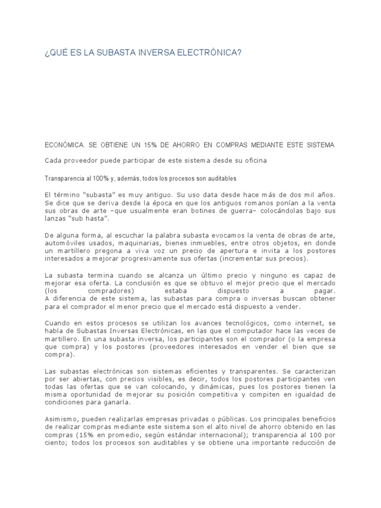 Qué Es La Subasta Inversa Electrónica | PDF | Subasta