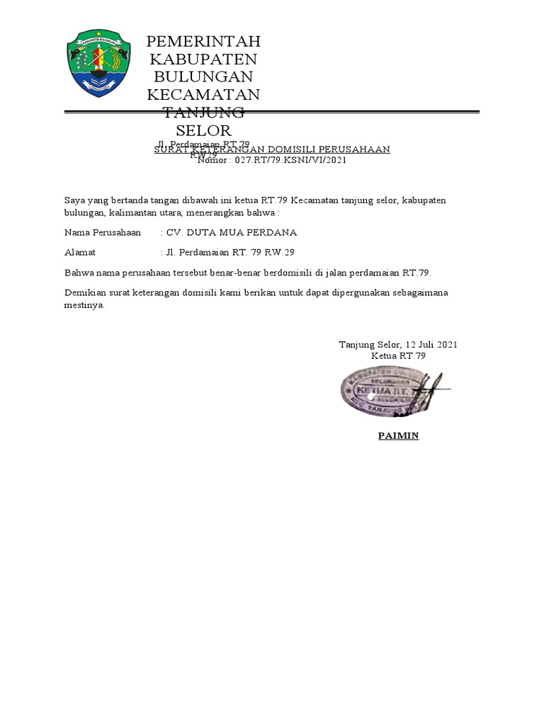 Surat Keterangan Domisili Perusahaan | PDF