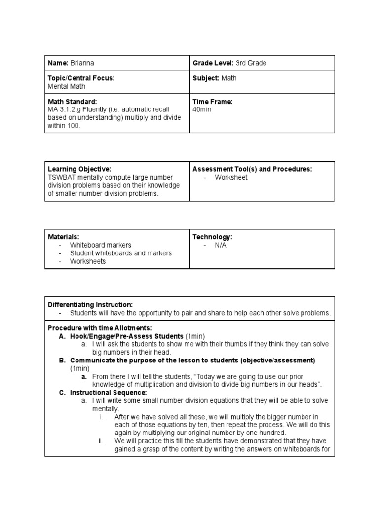 Mental Math Lesson Plan 3rd Grade With Worksheet | PDF | Career & Growth