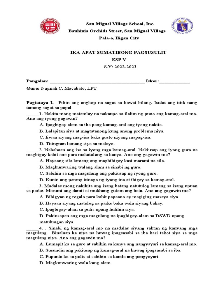 GRADE 5 ESP SEMI - FINAL 30 Items N | PDF