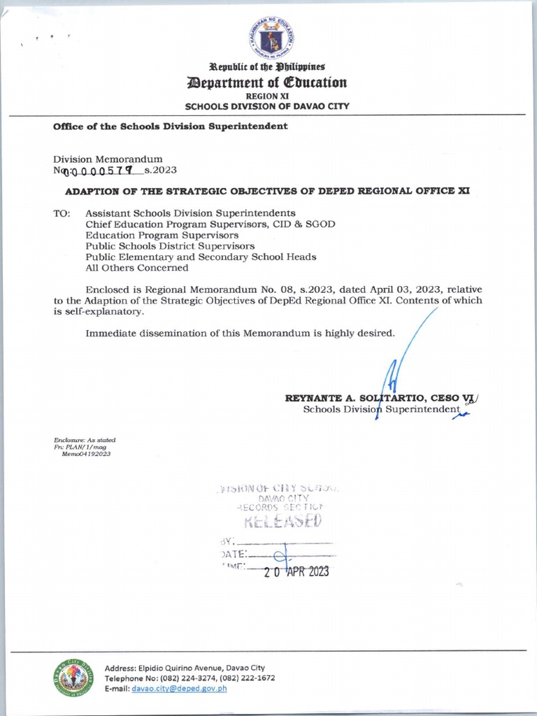2023-DM No. 579 - ADAPTION OF THE STRATEGIC OBJECTIVES OF DEPED ...