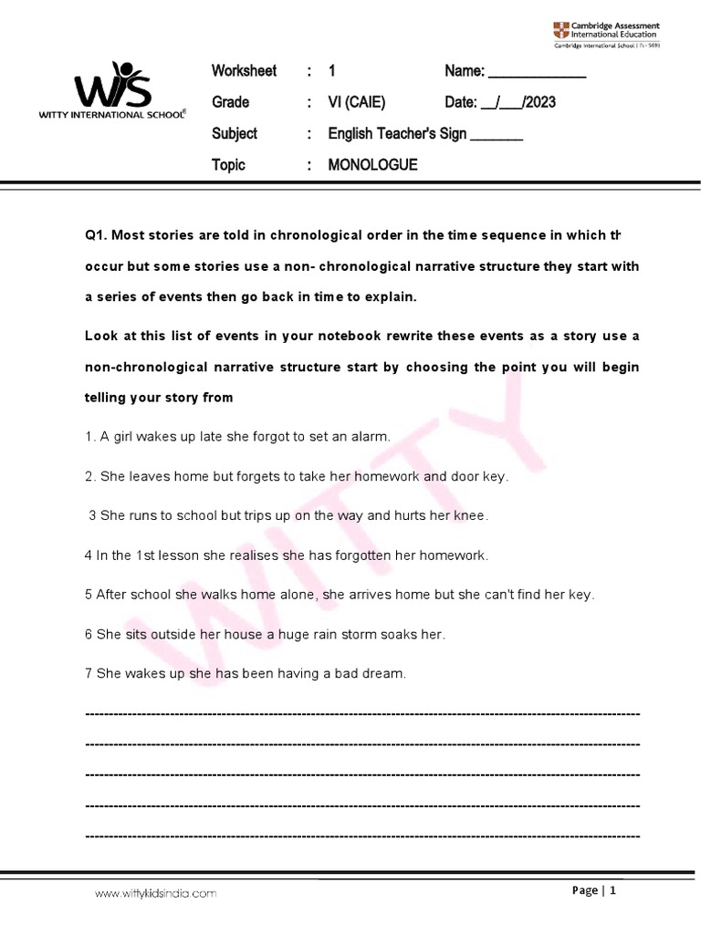Monologue Worksheet for Grade VI | PDF