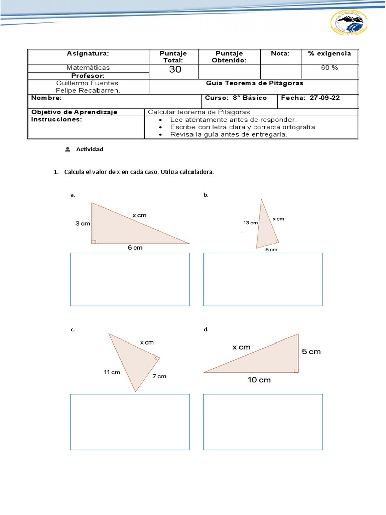 Guía 8° Básico Teorema de Pitagoras | PDF