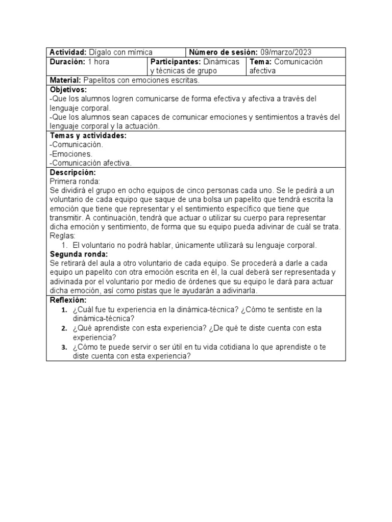 Carta Descriptiva Dinamica | PDF