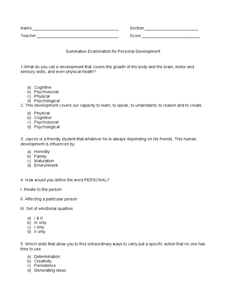 Personal Development Exam Questions | PDF | Self-Improvement | Science ...
