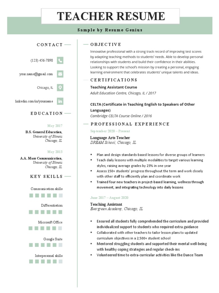 A Creative and Dedicated Teacher: Sample Resume for an Art Teacher ...