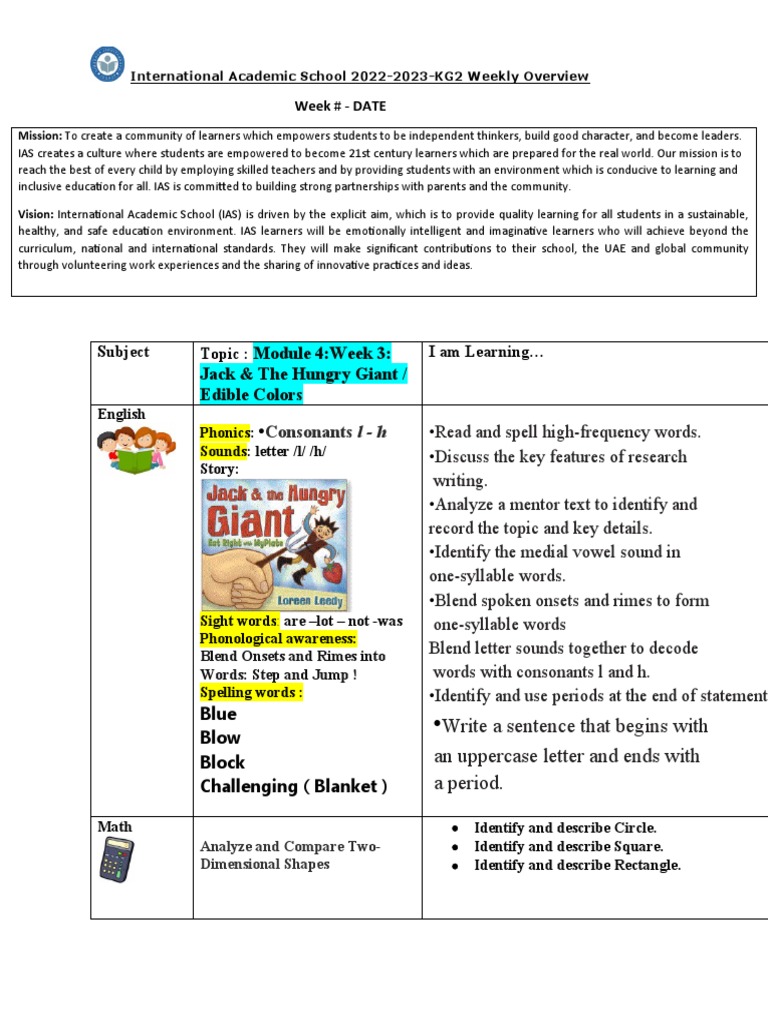KG2 Weekly Overview: Phonics & Math | PDF | Syllable | Learning