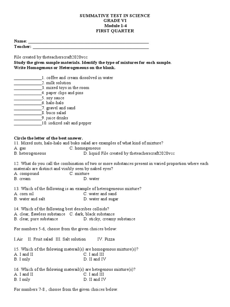 Summative Test in Science | PDF | Mixture | Homogeneity And Heterogeneity