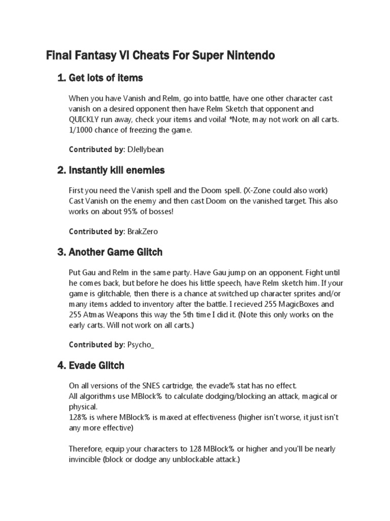 Final Fantasy VI Cheat Codes Guide | PDF