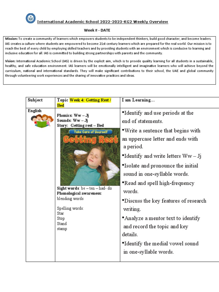 KG2 Weekly Plan | PDF | Inclusion (Education) | Learning