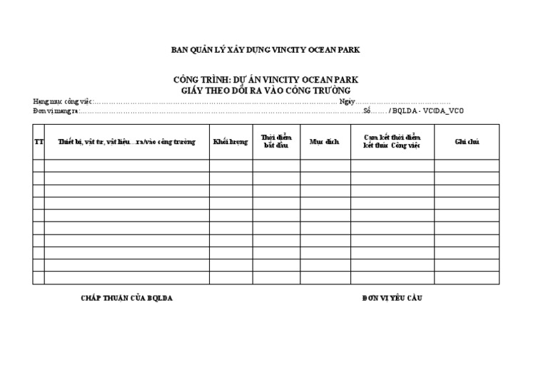 Giay ĐK Vat Tu Ra Vao Cong Truong - Vin Ocean Park | PDF
