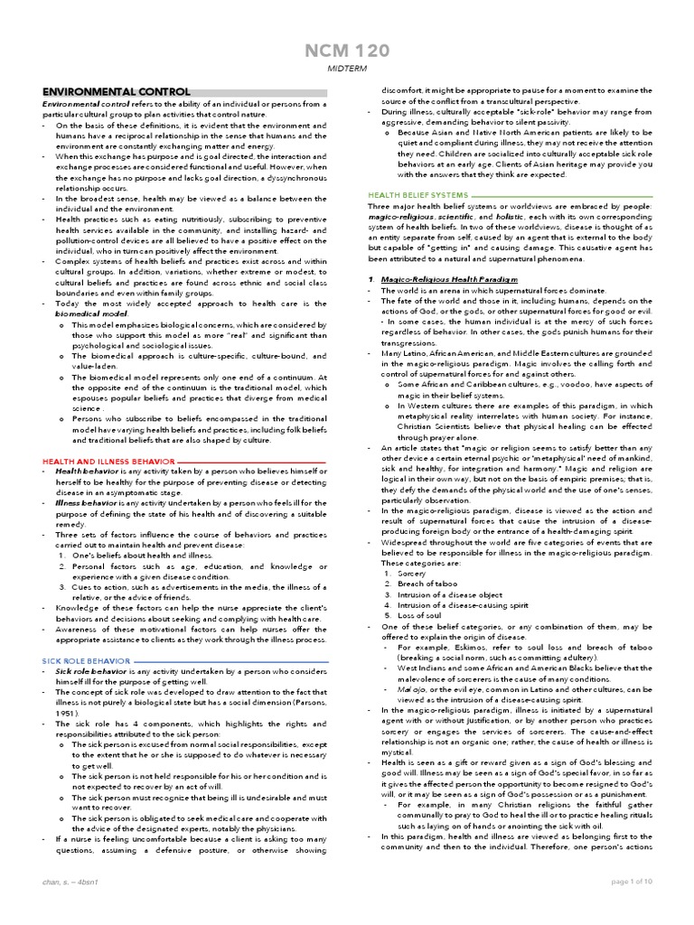 NCM 120 Midterm: Environmental Control & Health Belief Systems | PDF | Alternative Medicine ...