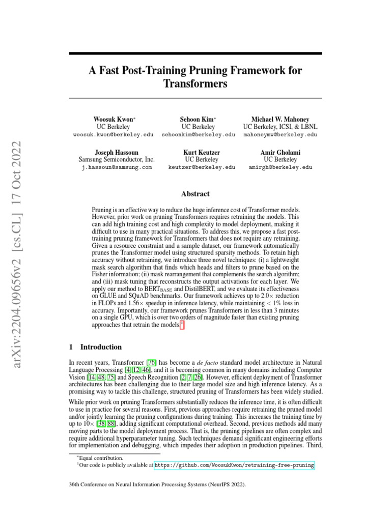 A Fast Post Training Pruning Framework For Transformers Pdf Mathematical Optimization