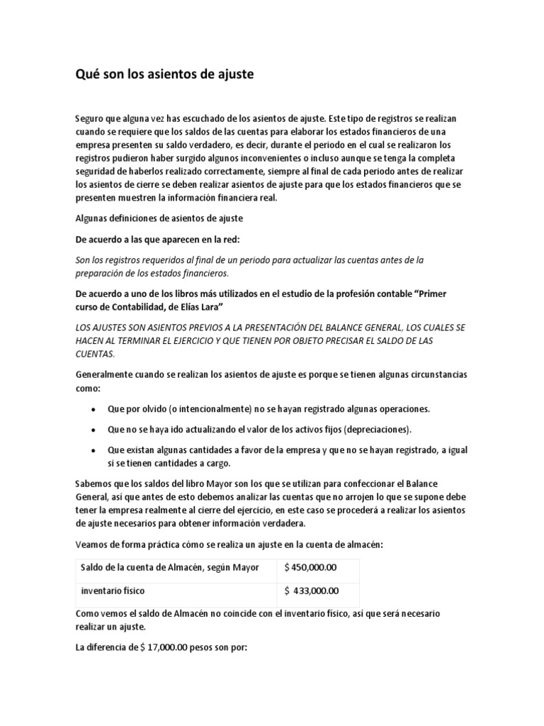 Asientos de Ajuste Contable | PDF | Contabilidad | Estado financiero