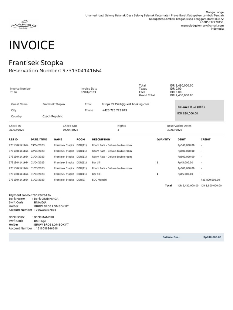 Mango Lodge Invoice for Frantisek Stopka | PDF