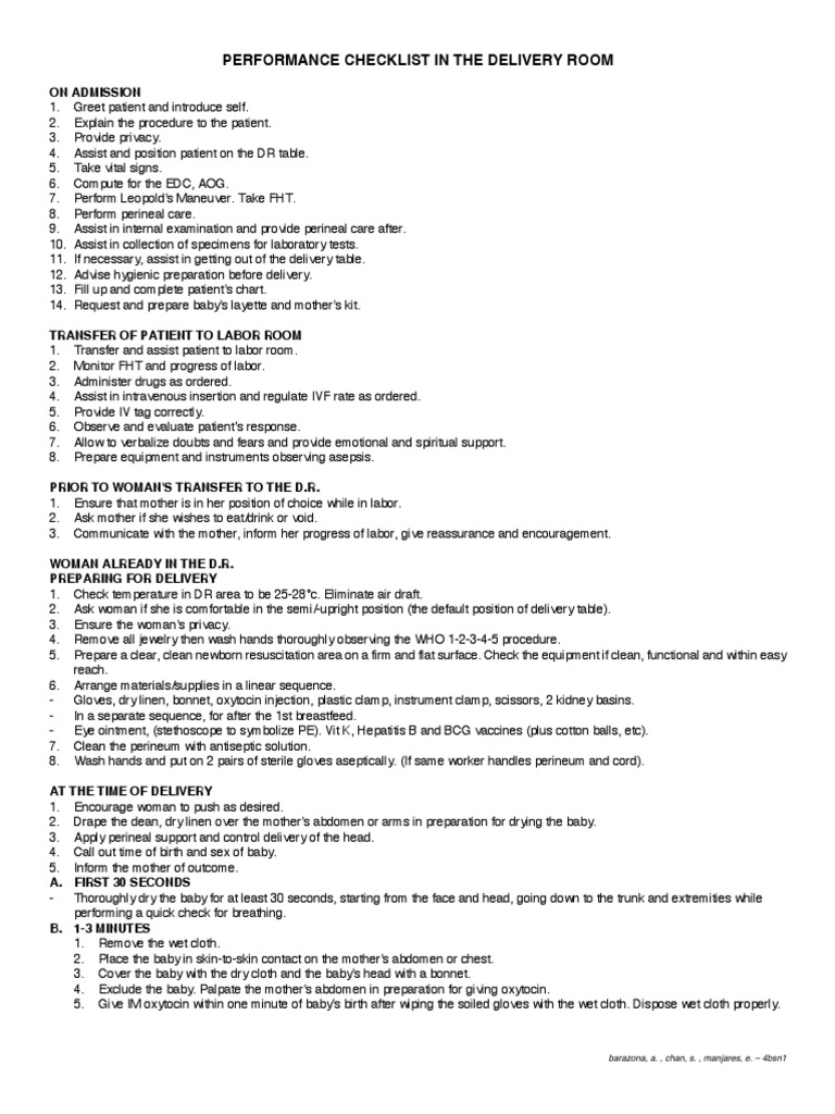 Performance Checklist in The Delivery Room: On Admission | PDF ...