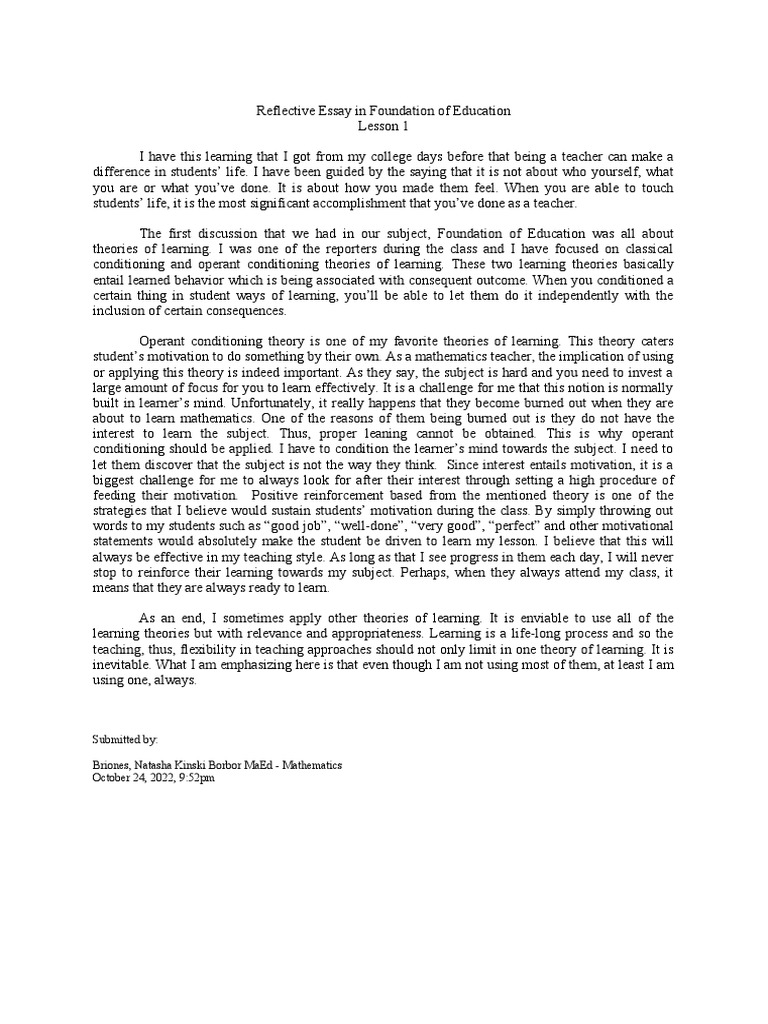 Reflective Essay in Foundation of Education - Lesson 1 | PDF