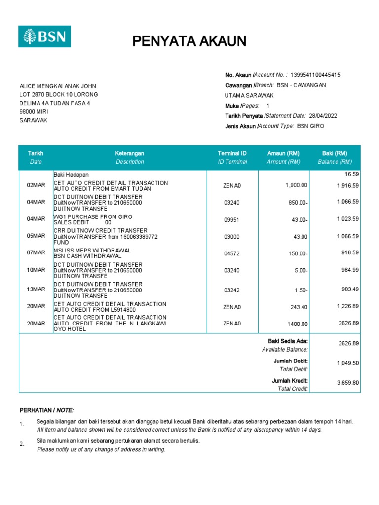 Penyata Akaun: Tarikh Date Keterangan Description Terminal ID ID Terminal Amaun (RM) Amount (RM ...