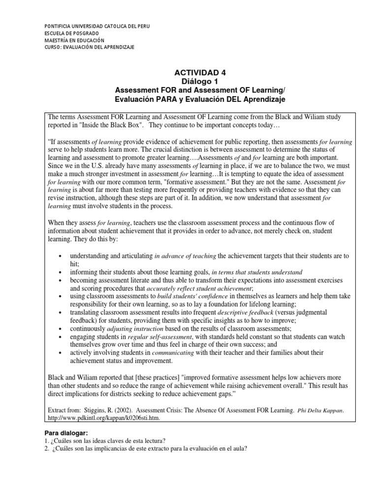 Actividad 4 Diálogo 1 Assessment FOR and Assessment OF Learning/ Evaluación PARA y Evaluación ...
