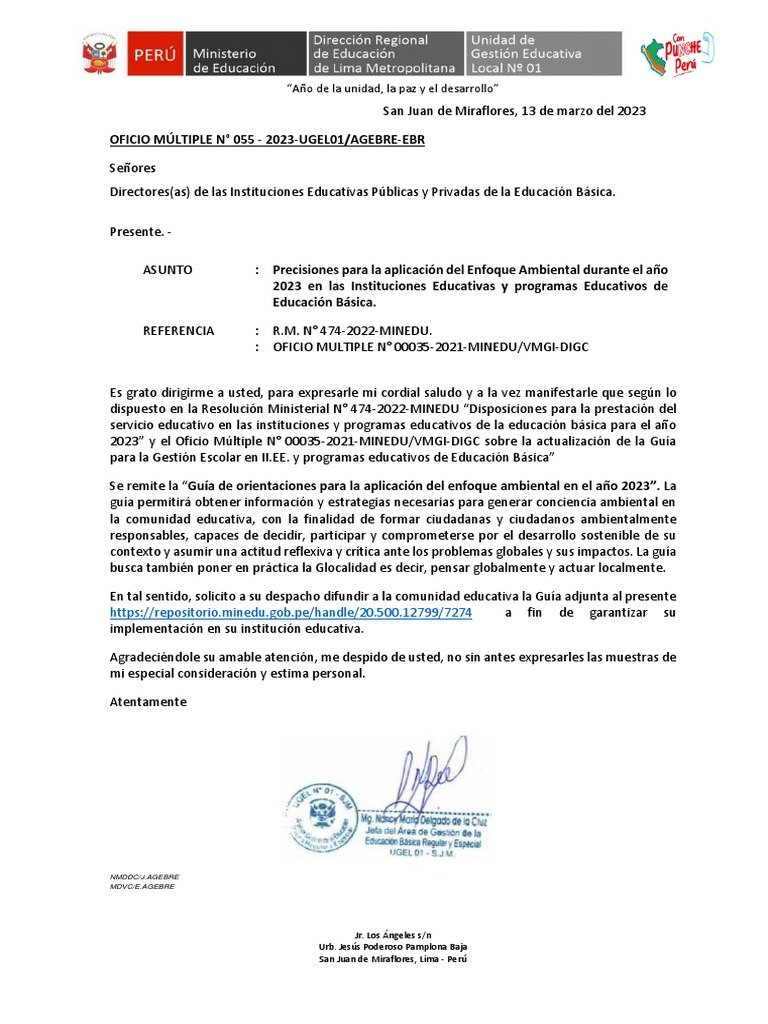 Oficio Multiple 055 2023 DIR UGEL01 AGEBRE EBR 15 03 2023 | PDF