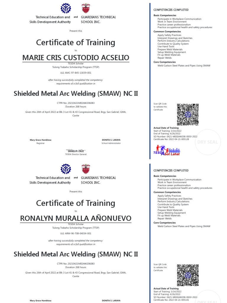 Certificate of Training: Marie Cris Custodio Acselio | PDF | Construction | Welding