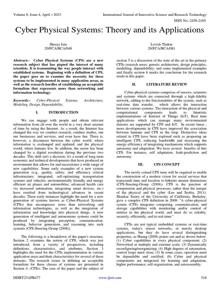 Cyber Physical Systems: Theory and Its Applications | PDF | Conceptual ...