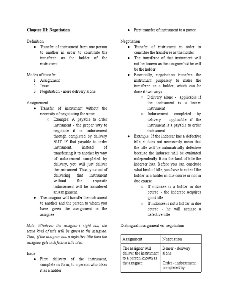 Negotiable Instruments - Reviewer For Pre-Finals | PDF | Legal Liability | Assignment (Law)