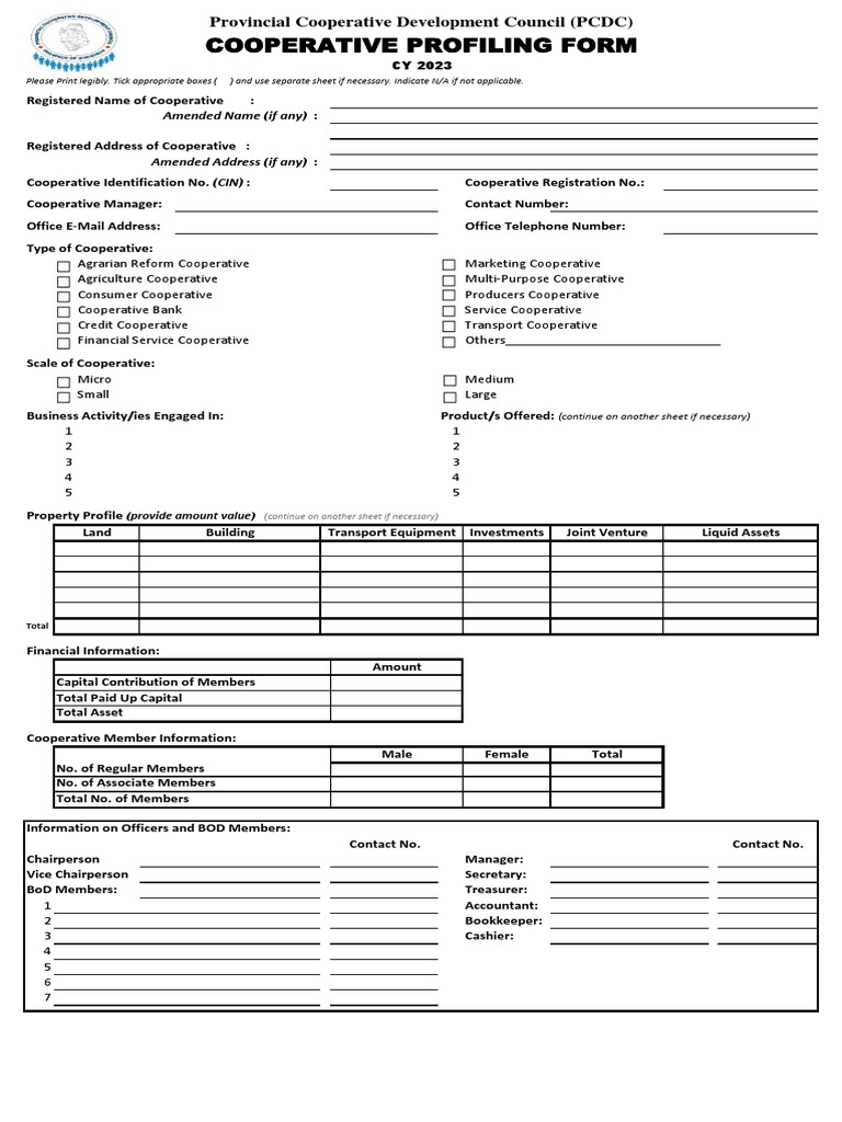 Cooperative Profiling Form: Amended Name (If Any) | PDF | Cooperative | Banking