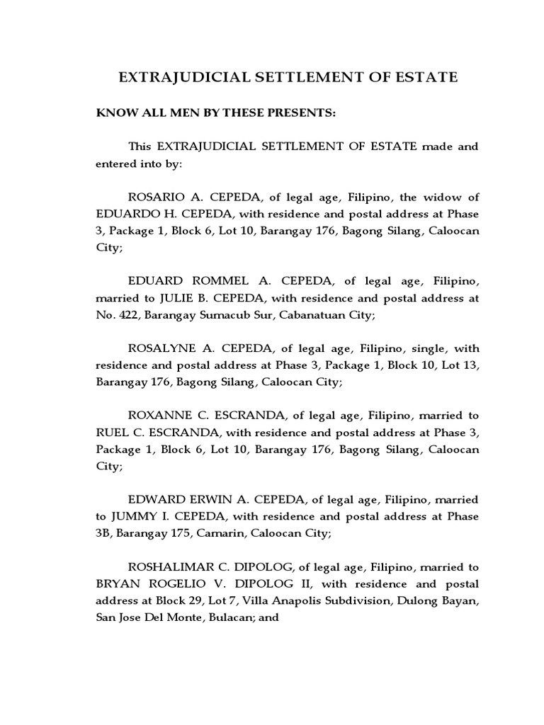 Extrajudicial Settlement Eduardo Cepeda | PDF | Deed | Private Law