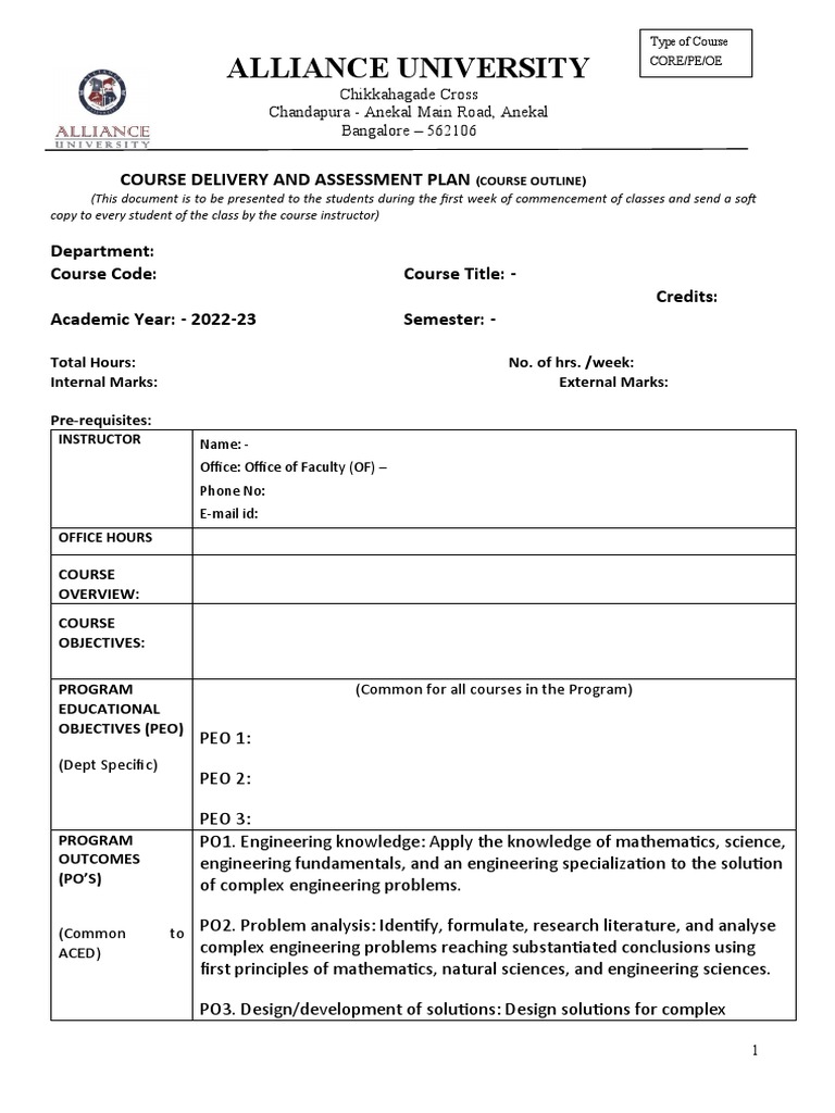 Alliance University: Course Delivery and Assessment Plan | PDF | Engineering | Science