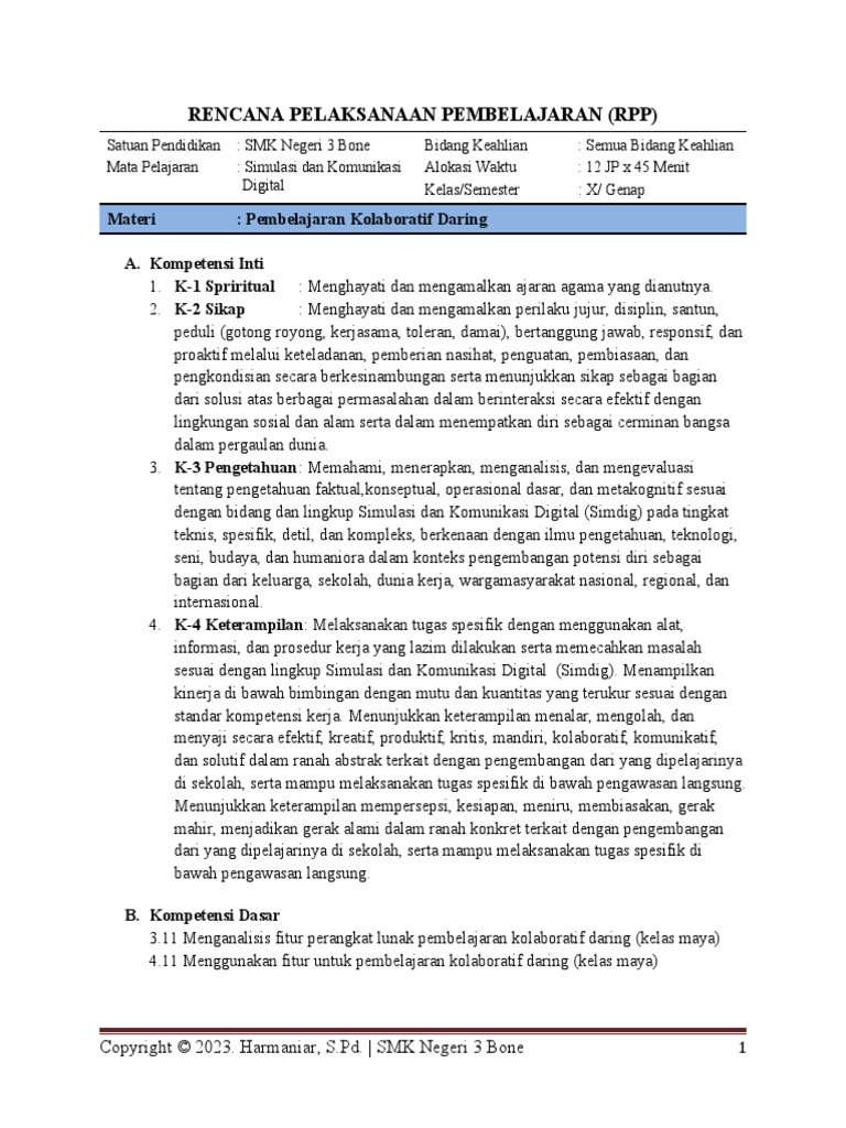 RPP - Perangkat Lunak Pembelajaran Daring | PDF