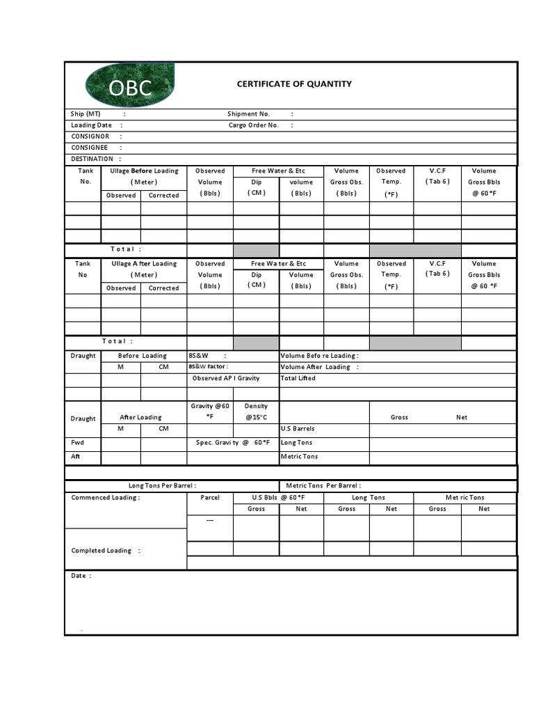 Certificate of Quantity | Download Free PDF | Barrel (Unit) | Freight ...