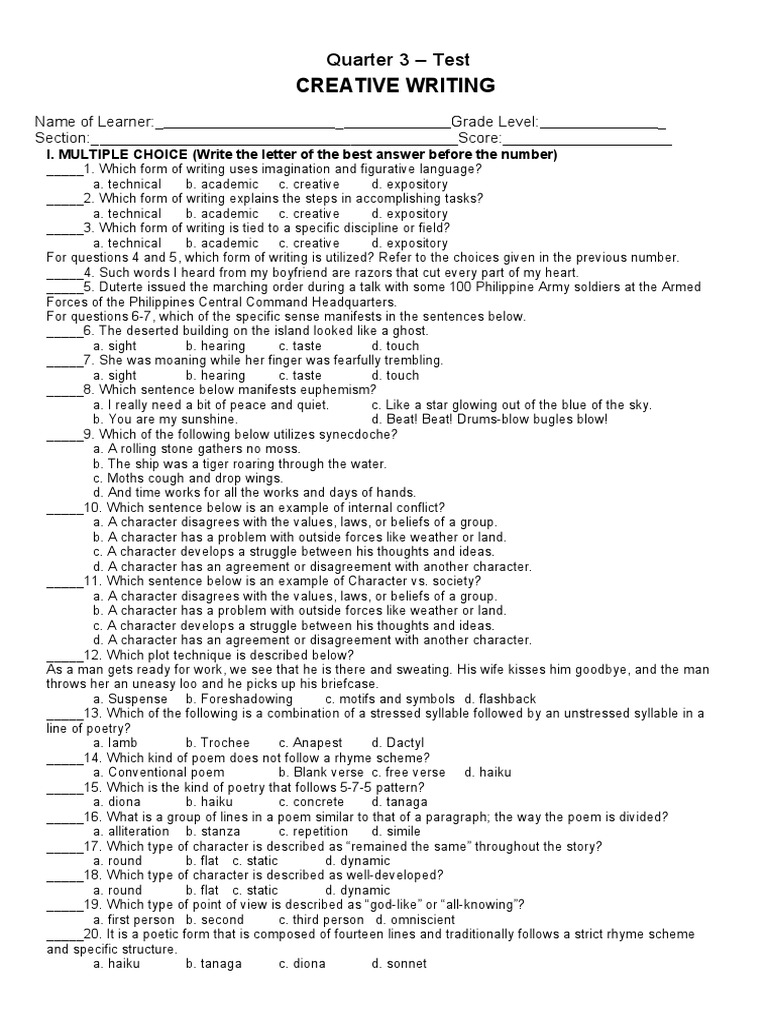 Summative Test in Creative Writing | PDF | Narration | Poetry