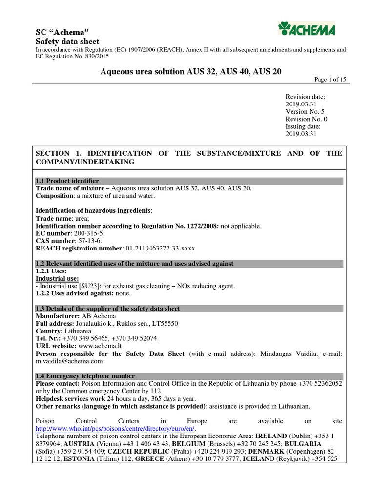 Urea AUS 40, 32, 20 - Specifications | PDF