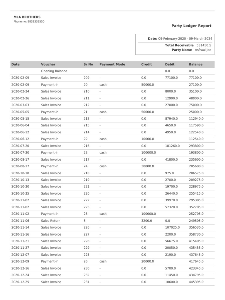 Mla Brothers: Party Ledger Report | PDF | Invoice | Cash