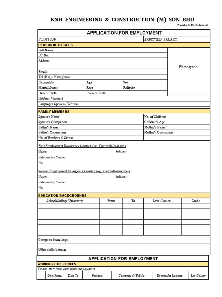 KNH Engineering & Construction (M) SDN BHD: Application For Employment ...