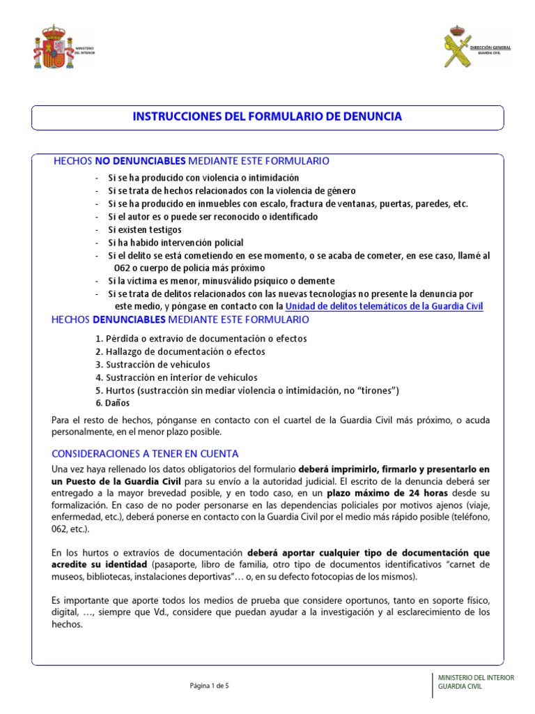 Instrucciones para presentar una denuncia ante la Guardia Civil | PDF ...