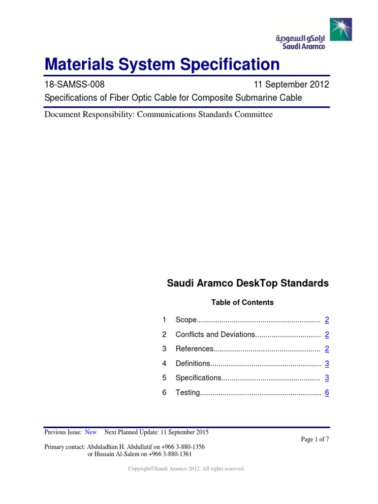 18-SAMSS-008 - Specifications of F Iber Optic Cable For Composite Submarine Cable | PDF ...