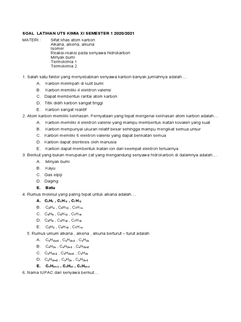 Soal Latihan Uts Kimia Xi Semester 1 2020 Print | PDF