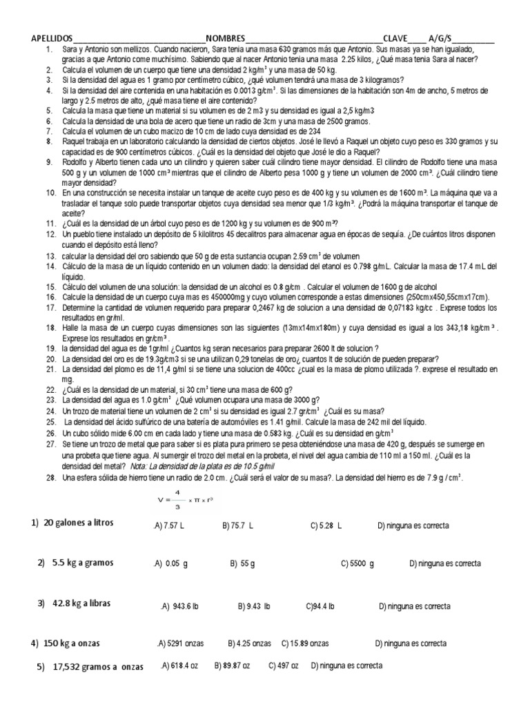 Conversion de Masa Volumen Densidad | PDF